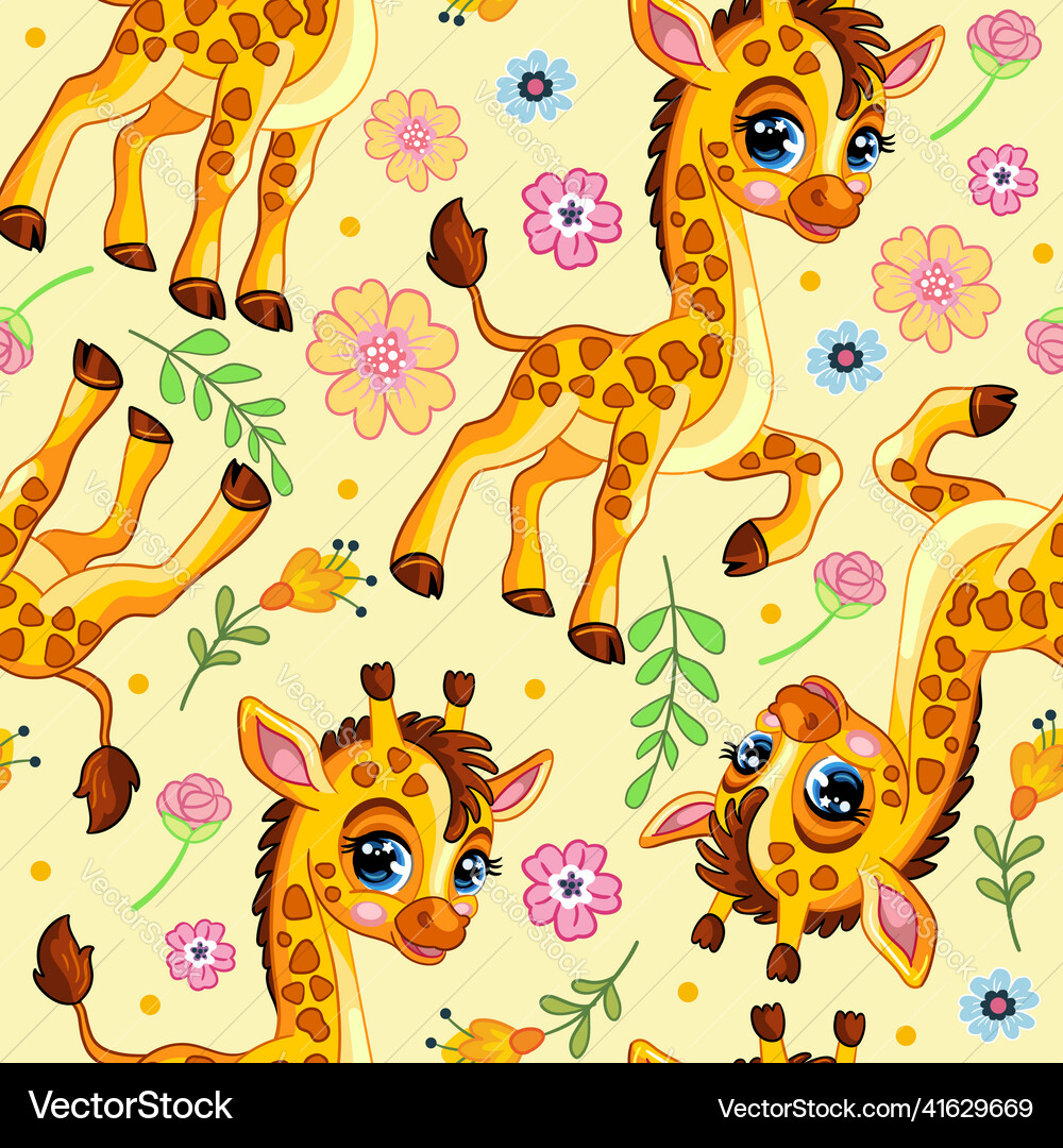 Seamless pattern with cute giraffes and flowers Vector Image