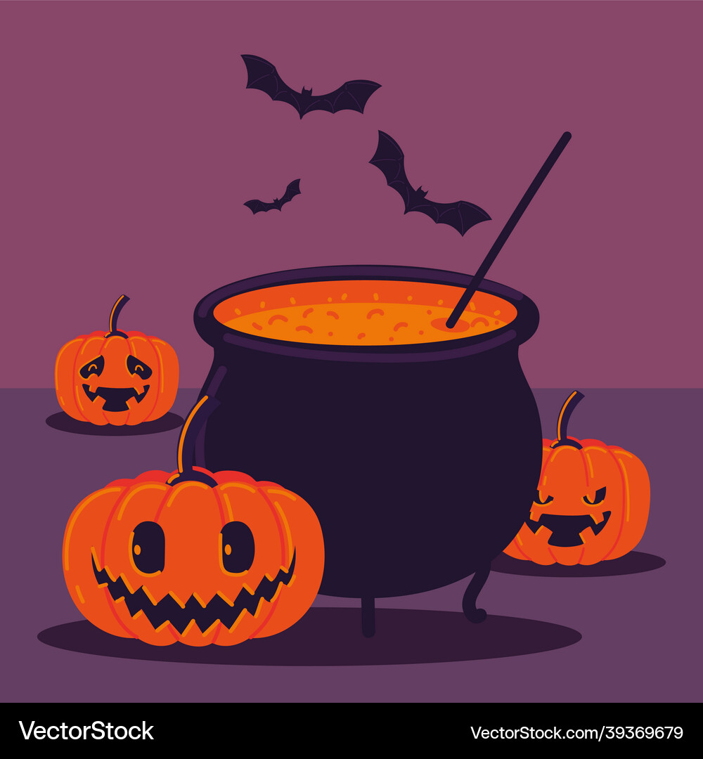 Halloween cauldron and pumpkins Royalty Free Vector Image
