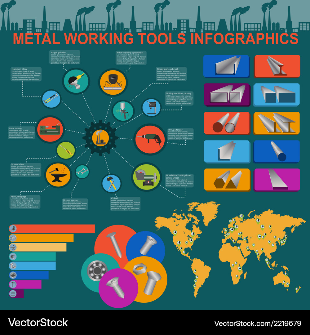Set of metal working tools Infographics Royalty Free Vector