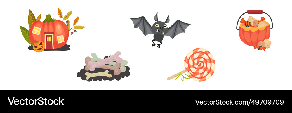 Halloween with pumpkin bat candy and bone Vector Image