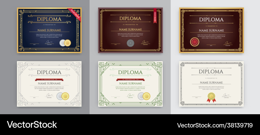 Big set 9 diploma or certificate design Royalty Free Vector