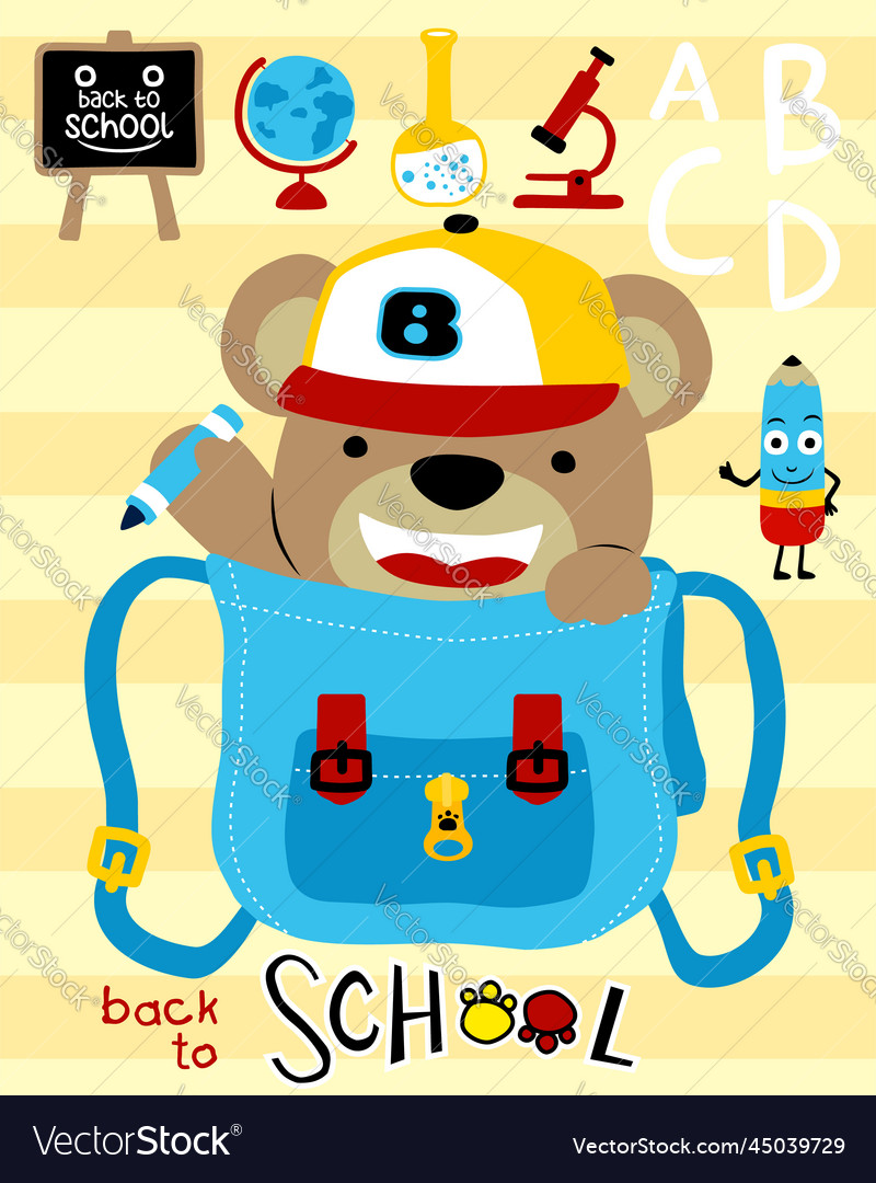 Cute bear wearing hat in bag with school supplies Vector Image