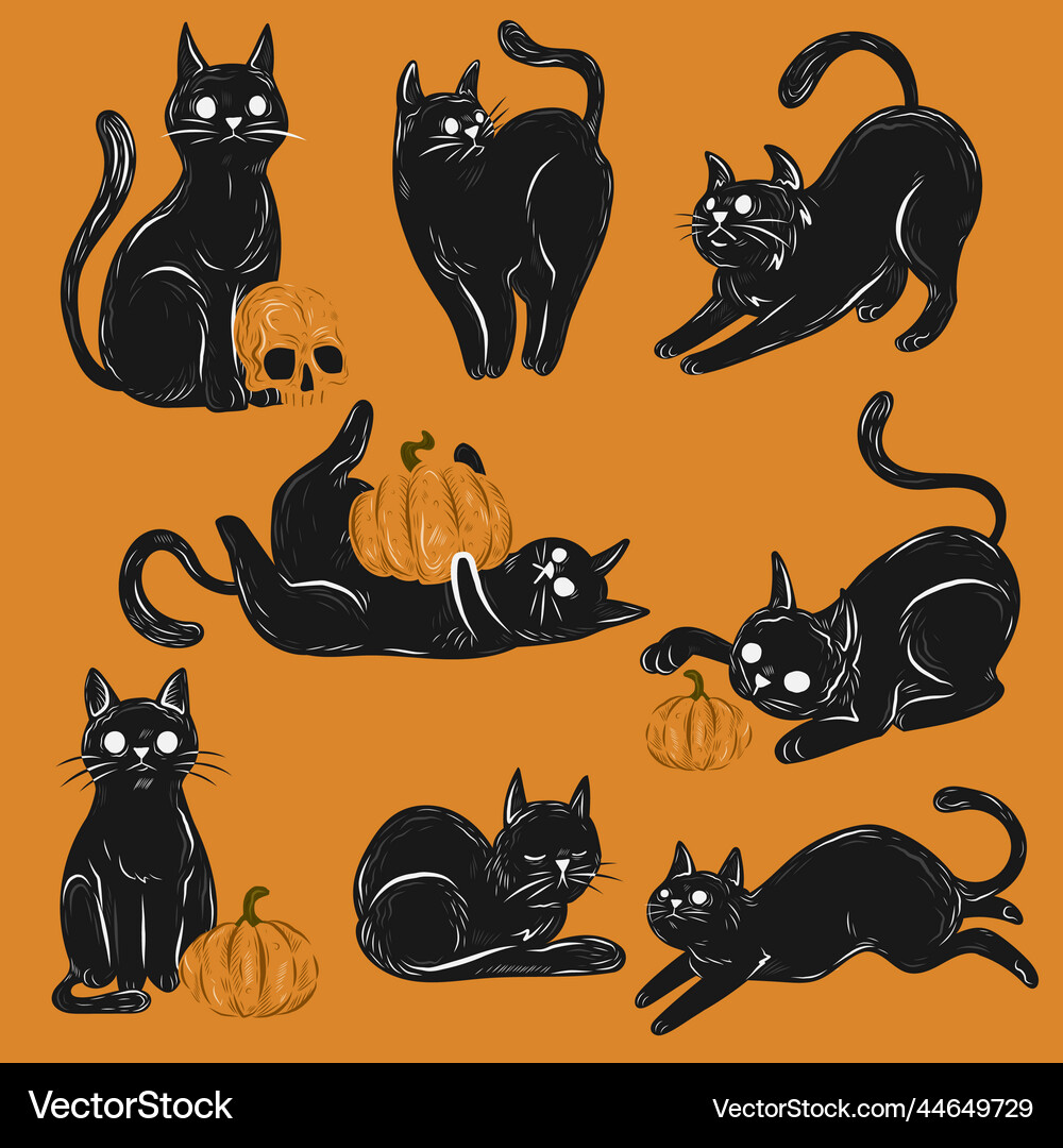 Hand drawn halloween black cats collection design Vector Image