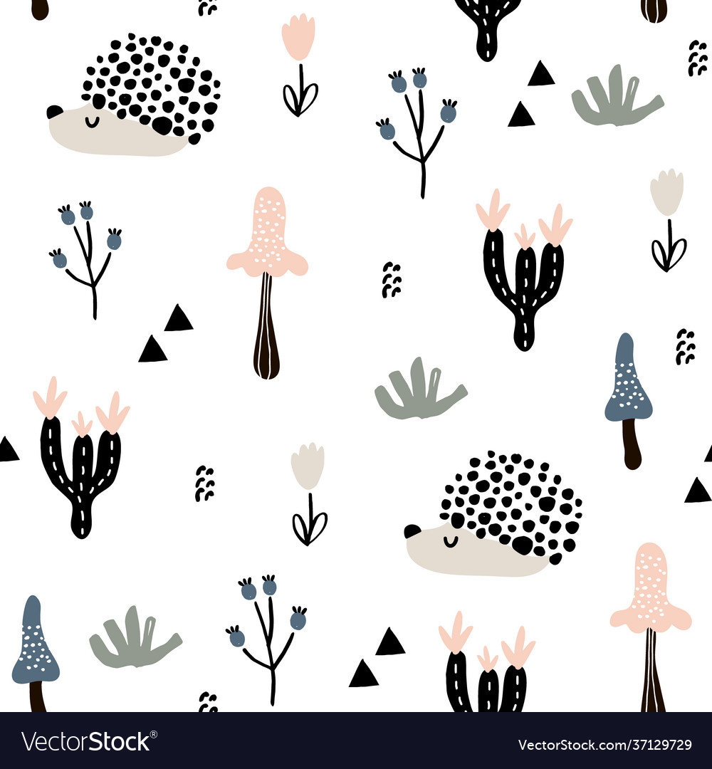 Seamless pattern hedgehogs with floral elements Vector Image Seamless pattern hedgehogs with floral elements Vector Image