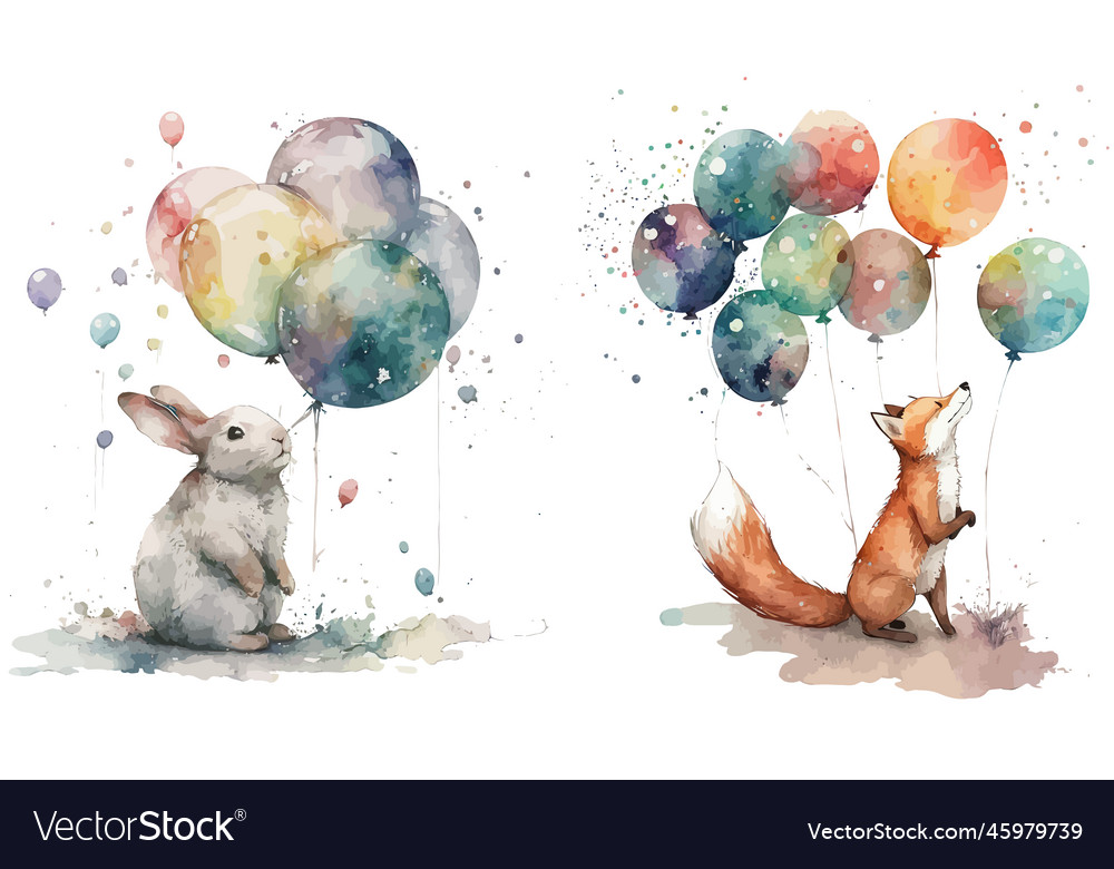 Fox and rabbit with balloons in watercolor style Vector Image