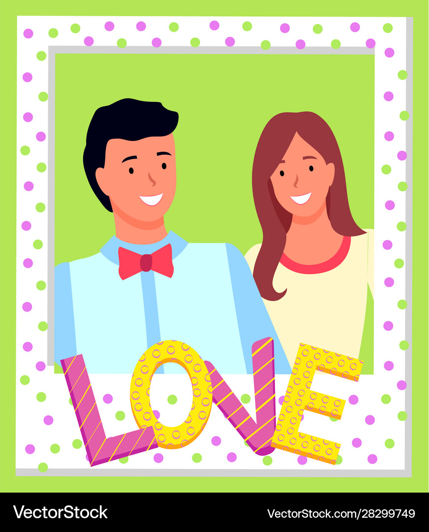 Smiling couple in polka dot photo frame Royalty Free Vector