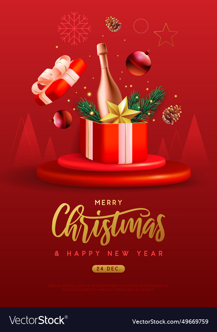 Merry christmas holiday poster with 3d champagne Vector Image