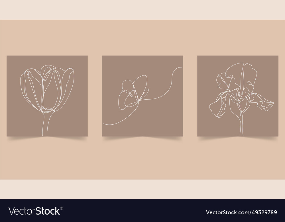 Set Of Three Continuous One Line Drawing Flowers Vector Image