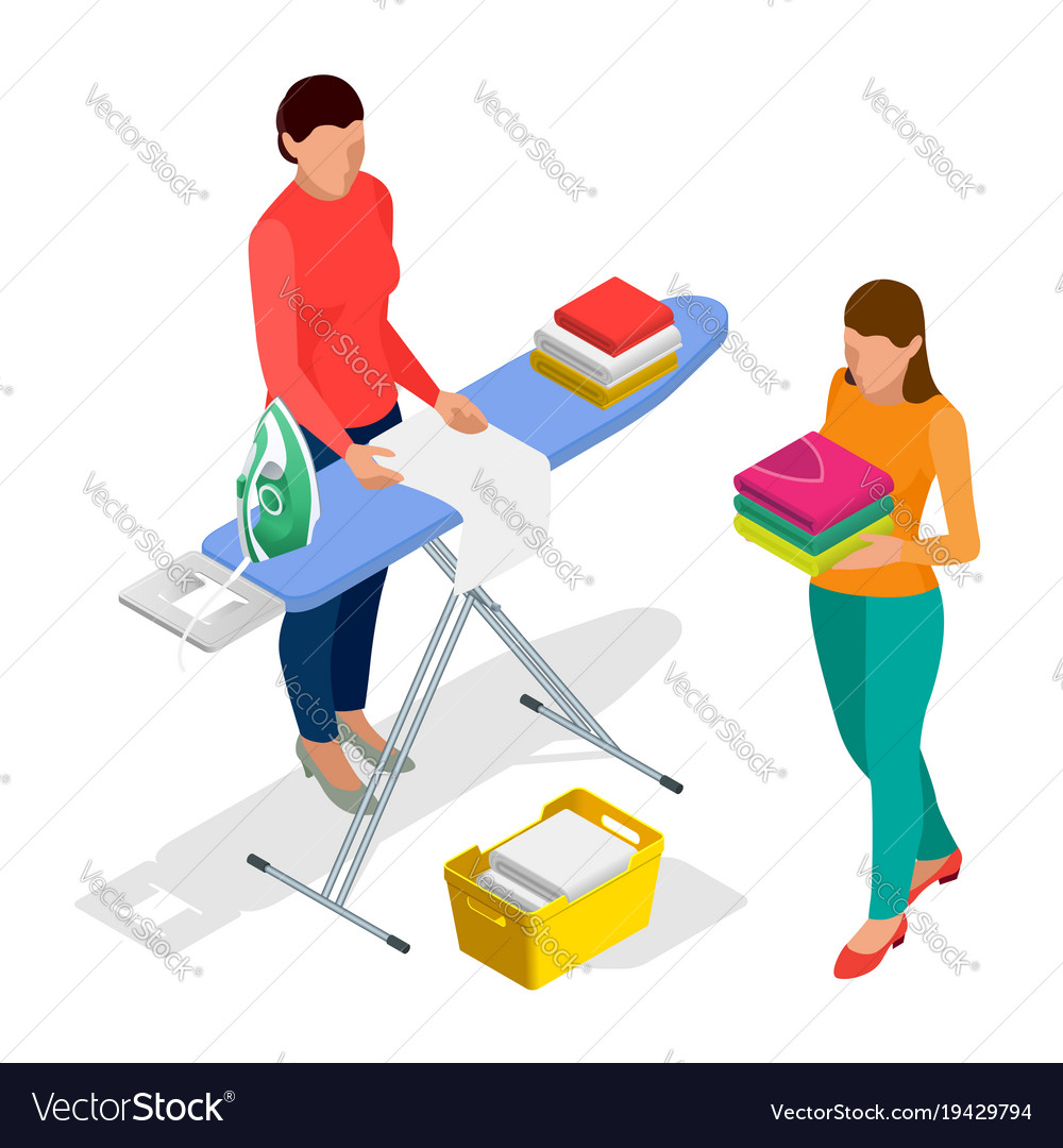 Isometric Woman Ironing Clothes Using Iron Vector Image