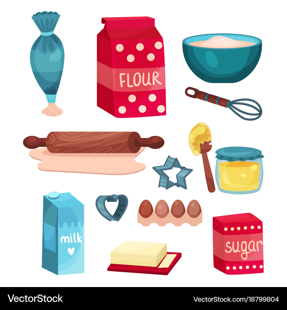 Bakery set equipment and food ingredients Vector Image