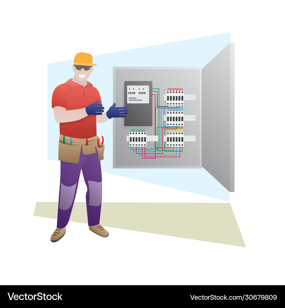 Electrician shows and talks about electrical Vector Image