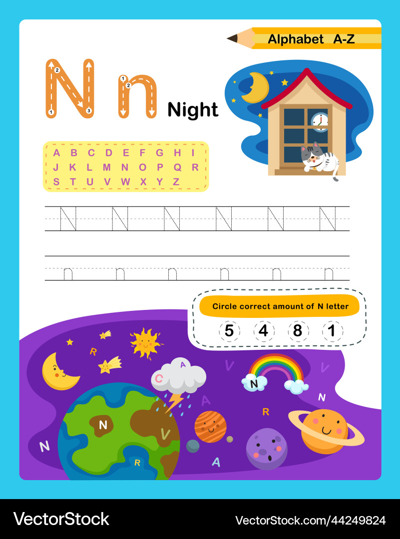 Alphabet letter n - night exercise with cartoon Vector Image