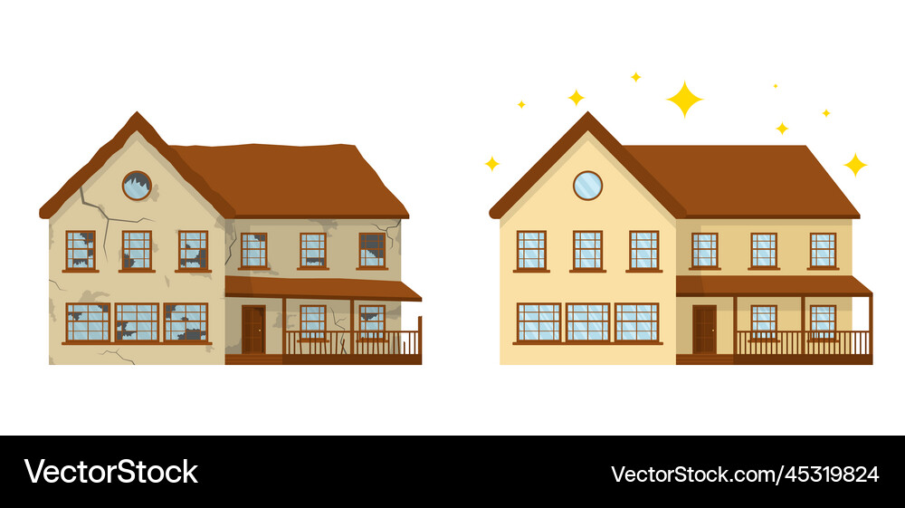 Broken and repaired house home before and after Vector Image