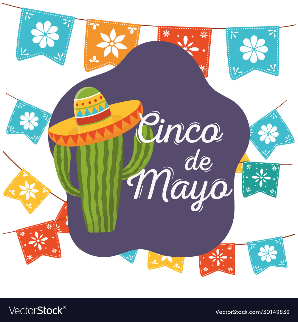 Cinco de mayo cactus with hat pennatns flowers Vector Image
