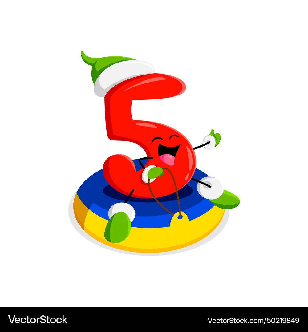 Cartoon math number five zooms down snowy hills Vector Image