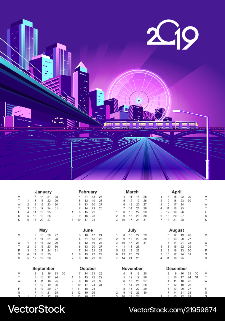 2019 neon city calendar Royalty Free Vector Image