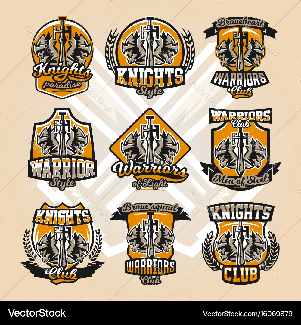 Set of colorful logos emblems sword Royalty Free Vector