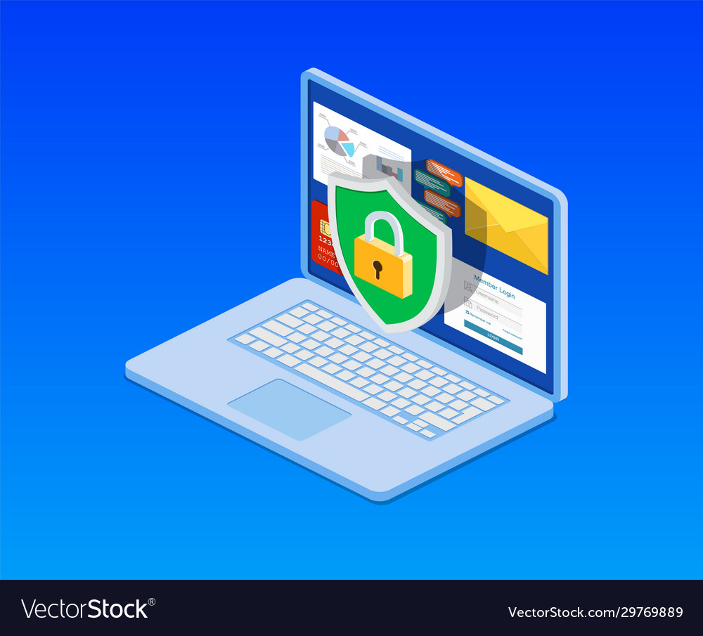 Isometric computer with key lock Royalty Free Vector Image
