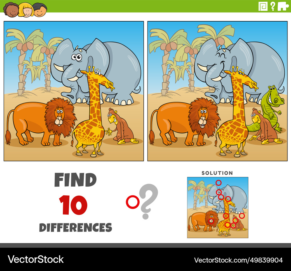 Differences game with cartoon safari animal Vector Image