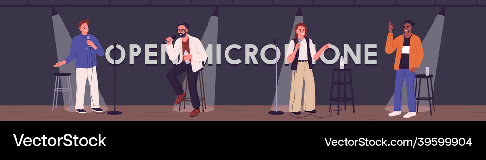 Open mic banner with comedians on stage Royalty Free Vector
