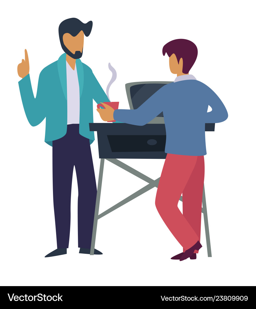 Office workers talk at table with laptop coffee Vector Image