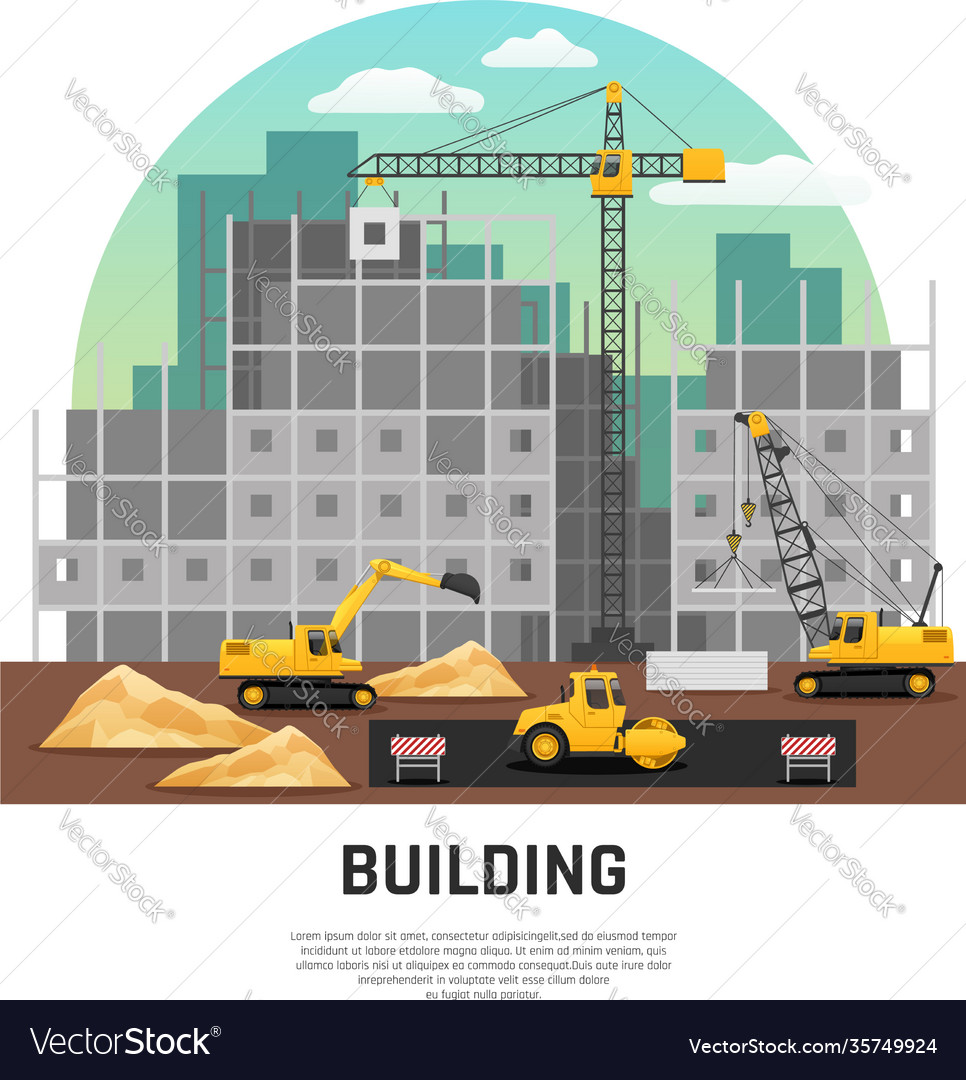 Building construction machinery flat composition Vector Image