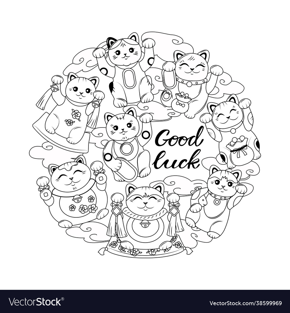 Japanese cat maneki neko outline set cats Vector Image