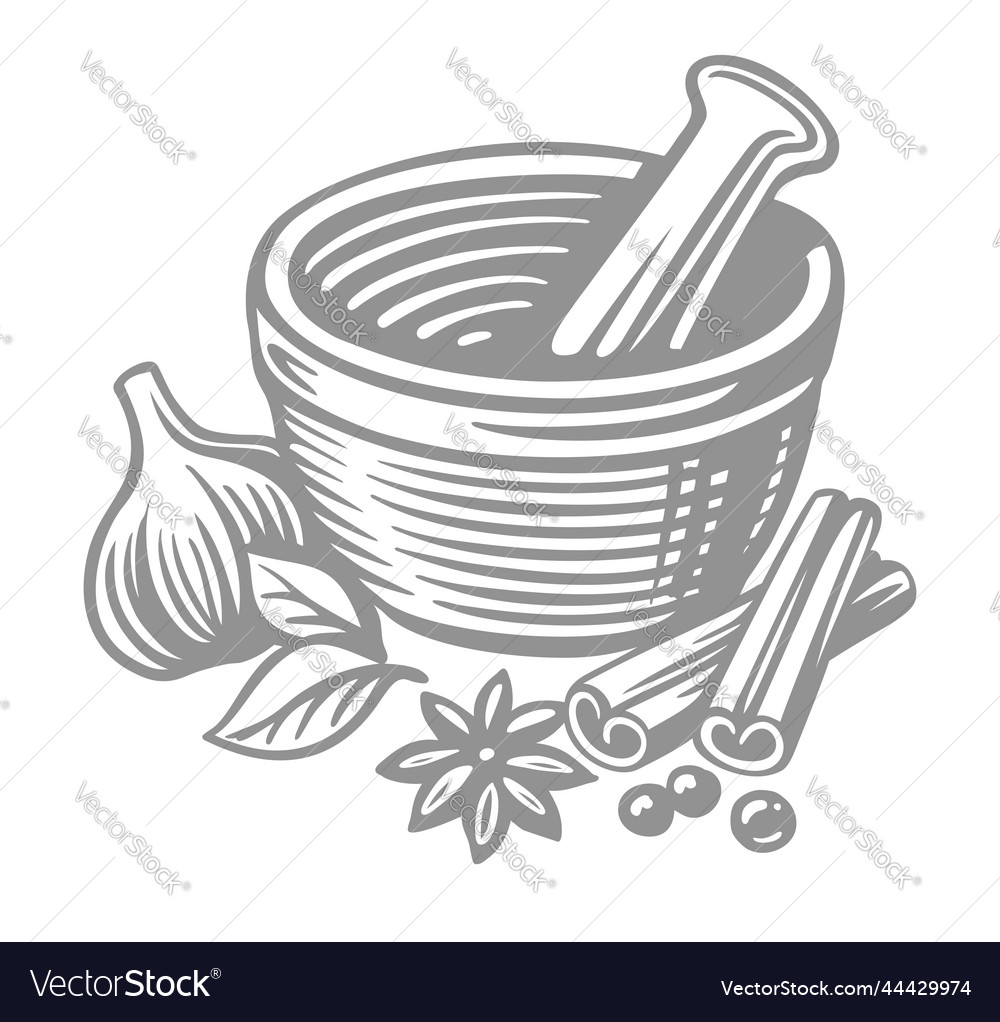 Mortar And Spices With Pestle Sketch Royalty Free Vector