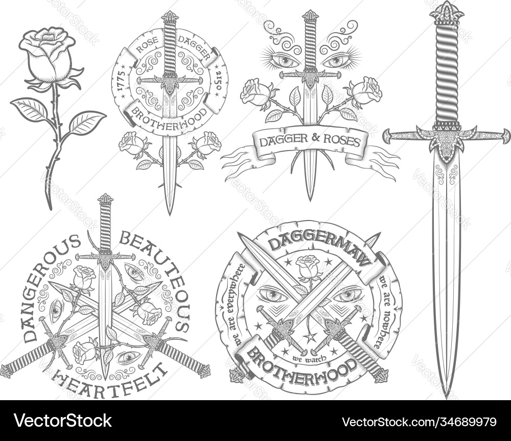 Retro emblem with a dagger and rose Royalty Free Vector