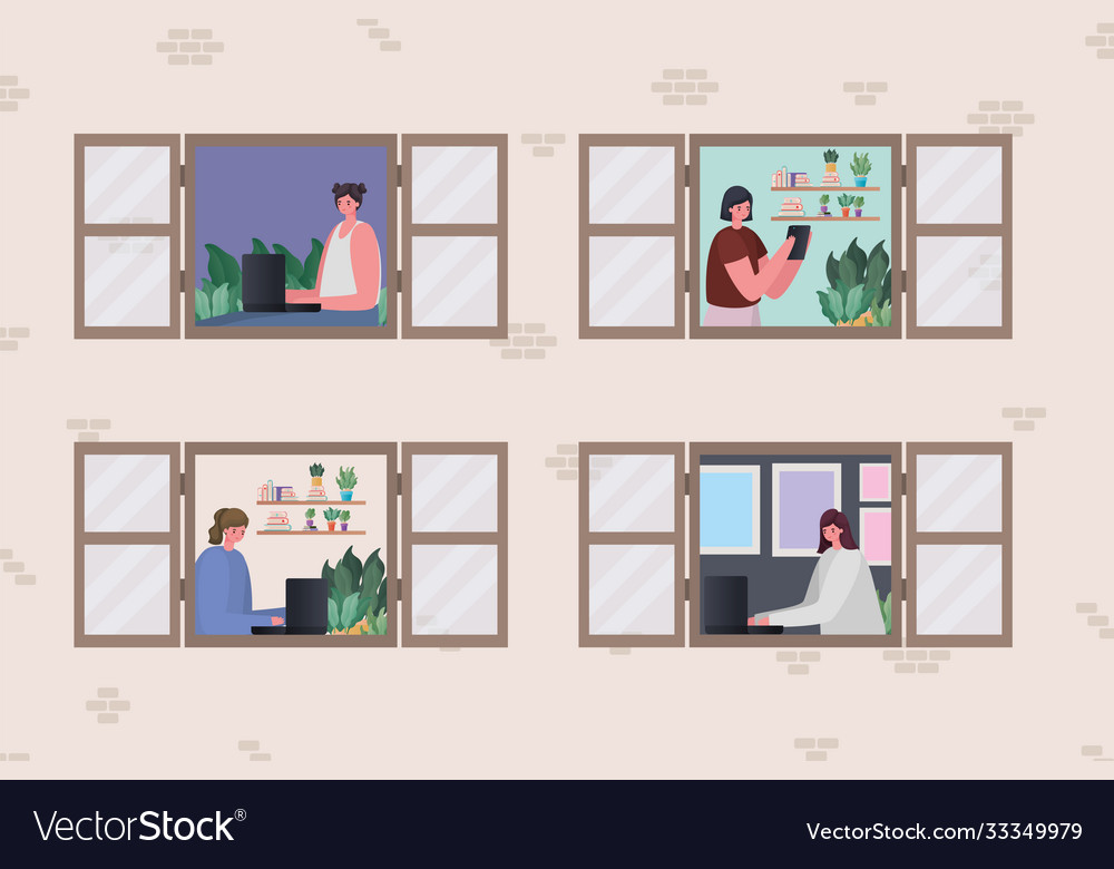 Set women with laptop working at window Royalty Free Vector