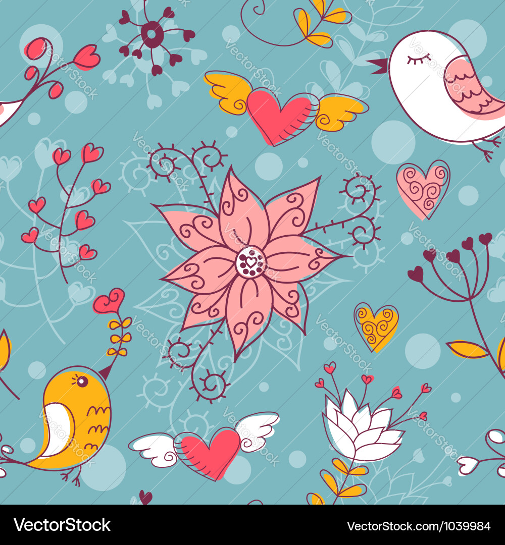 Love seamless texture with flowers and birds Vector Image
