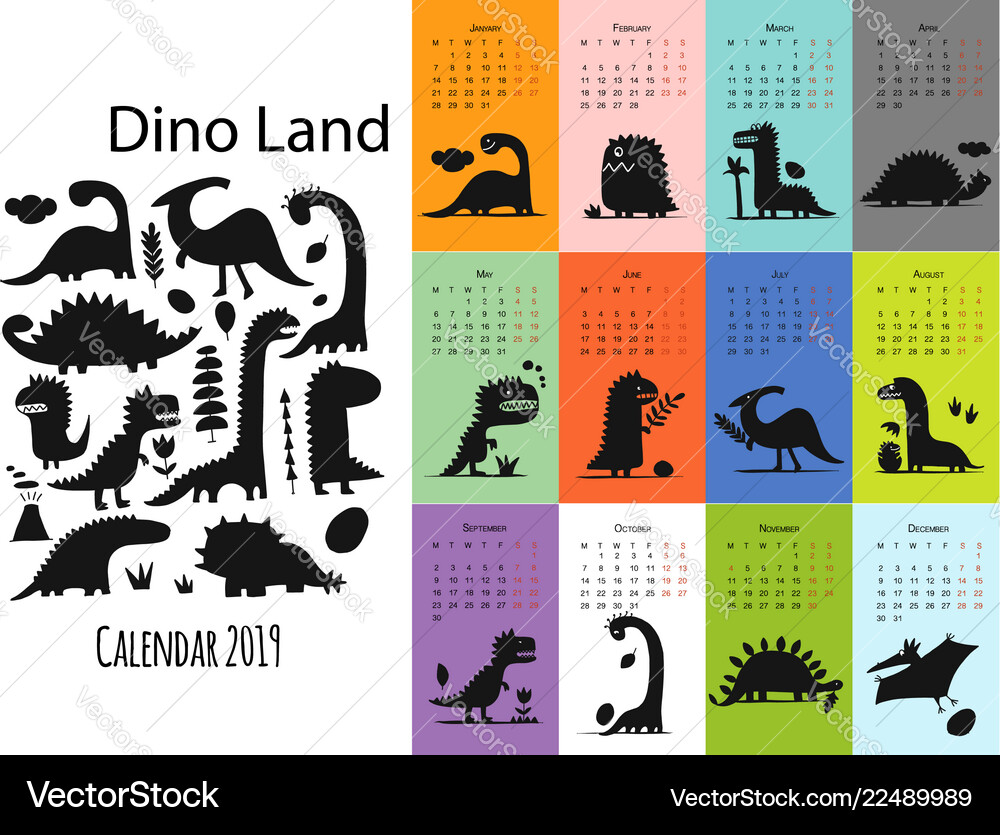 Dinosaurs calendar 2019 design Royalty Free Vector Image