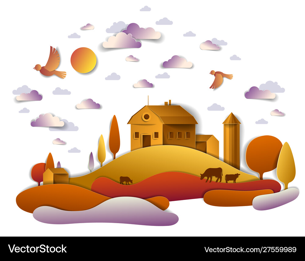 Farm in scenic autumn landscape fields Royalty Free Vector