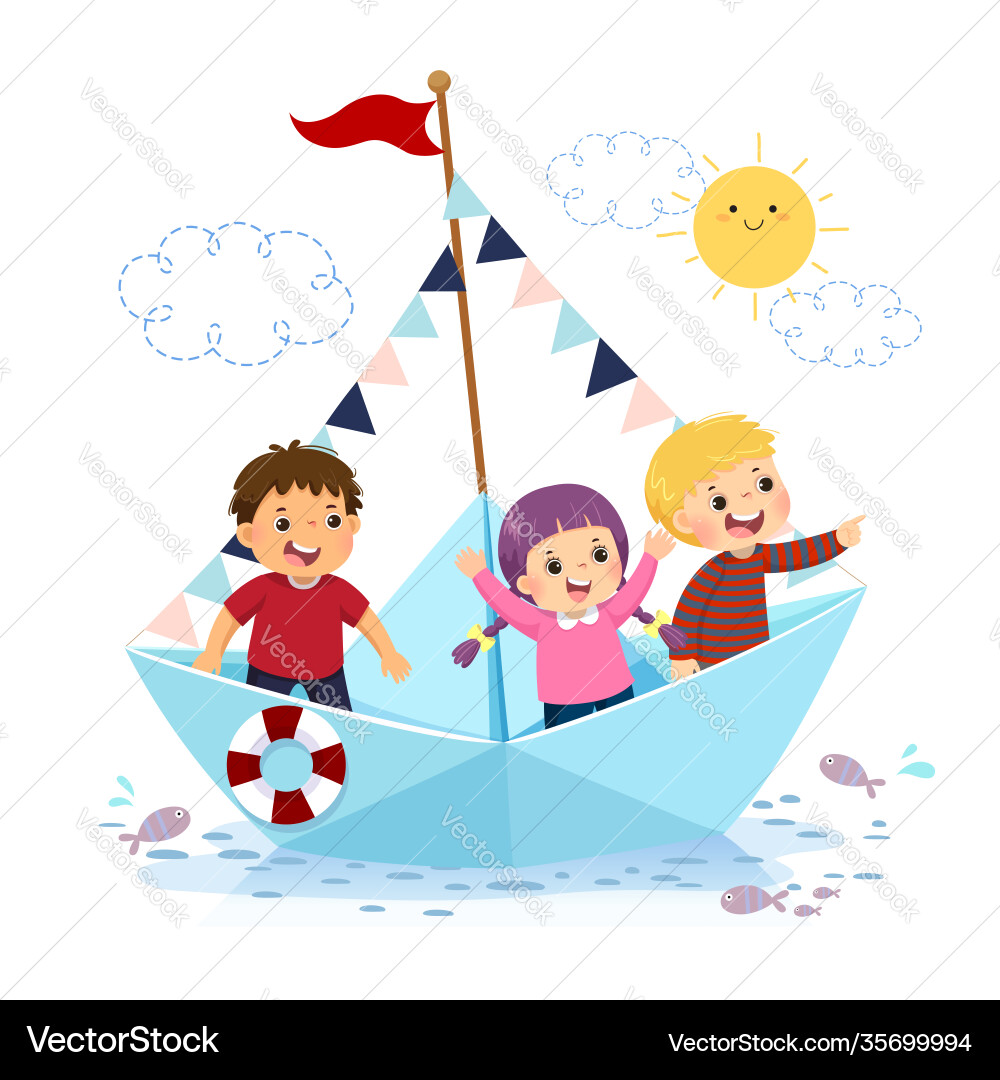 Kids floating on a paper boat Royalty Free Vector Image