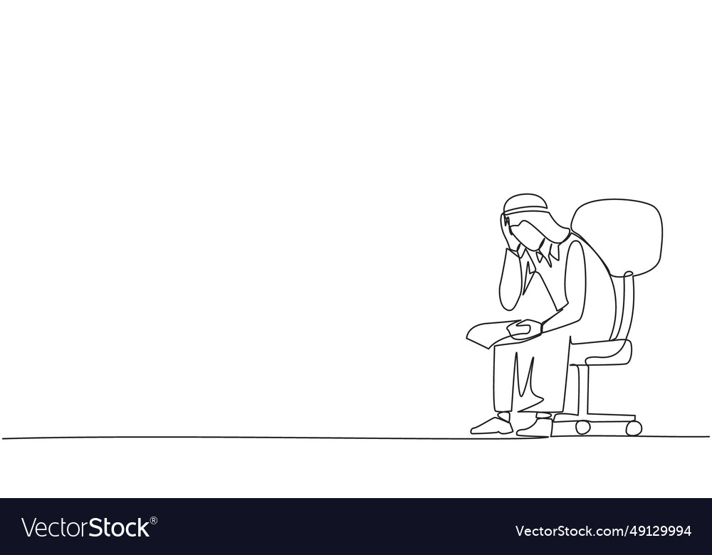 Single continuous line drawing sad arab Royalty Free Vector