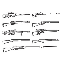 Firearm set gun rifle carbine flat design outline Vector Image