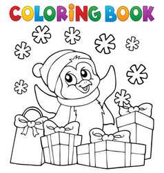 Coloring book penguin with gift Royalty Free Vector Image