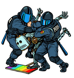 Riot policeman attacks with a baton police work Vector Image