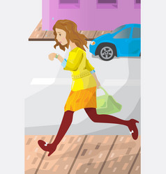 Cartoon woman running late for work and his Vector Image