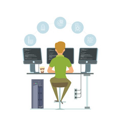 Person programmer working on laptop with program Vector Image
