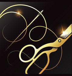 Needle scissors and thread gold symbol for sewing Vector Image