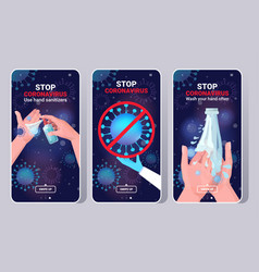 Stop coronavirus text sign with hand using Vector Image