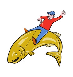 Fly fisherman riding trout fish cartoon black Vector Image