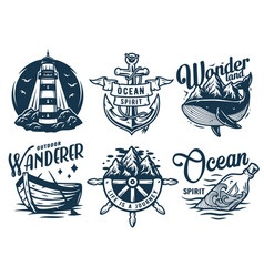 Marine print set with lighthouse bollard boat Vector Image