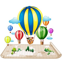 Cartoon kids riding a hot air balloon over the Vector Image