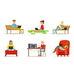 Cartoon man sitting in front computer and Vector Image