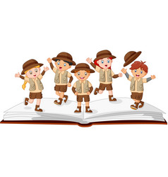 Group cartoon happy kids wearing explorer costu Vector Image