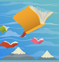Open books flying in moon sky for reading concept Vector Image