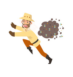 Scared beekeeper running away from swarm bees Vector Image