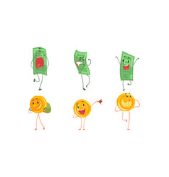Cute money bills emojis set banknotes characters Vector Image